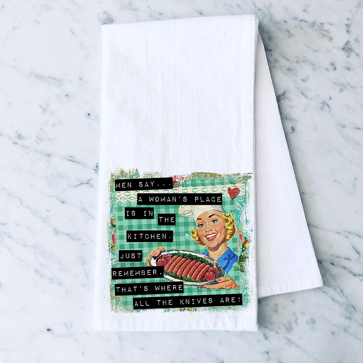 A Woman's Place is in the Kitchen, Where the Knives are Funny Vintage Housewife Flour Sack Cotton Tea Towel Kitchen Linen