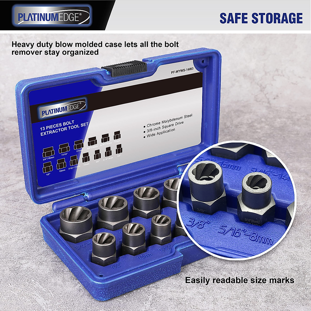 PLATINUMEDGE Bolt Extractor Tool Set, 13 Pieces Impact Bolt & Nut Remover Set, Stripped Lug Nut Remover, Extraction Socket Set for Easy Out Rusted Rounded Damaged Nuts Sockets and Bolts, Cr-Mo