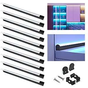 Muzata 10Pack 1FT/12inch Excellent Spotless LED Channel System with Milky White Cover Black Aluminum U Shape LED Strip Diffuser Channel U108 BW 0.3M