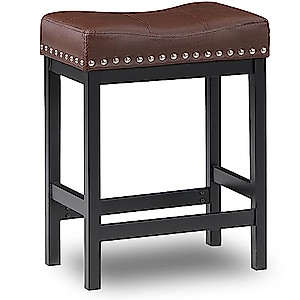 OUllUO Single Bar Stools, 24" Counter Height Bar stools, PU Leather Bar Stools for Kitchen Counter, Modern Metal Base Padded Saddle Barstool with Nailhead Trim Stools for Island,Brown,918BR1