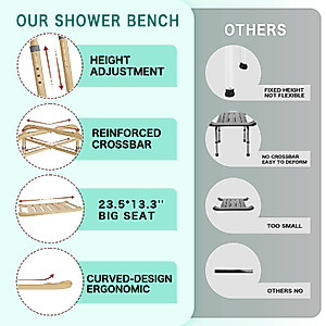 Shower Bench Bamboo Shower Chair for Inside Shower, 23.5 Inch Spa Bath Stool with Handles, Height Adjustable Shower Stool Bath Chair for Adults Seniors and Disabled (Natural)