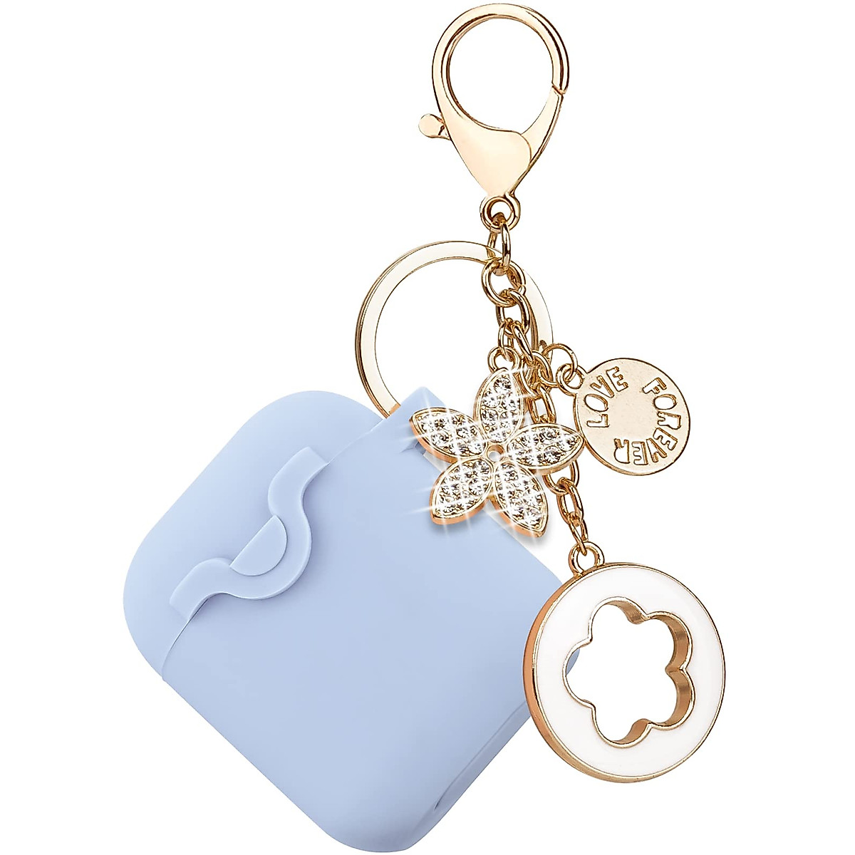 VOTILE Secure Lock Silicone Case Compatible with AirPods Case 1 & 2 with Bling Keychain, Soft Protective Earpod Case Cover Earbuds Cases Women Girls for Apple Air Pod 2 Case - Sky Blue