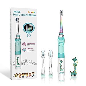 Kids Electric Toothbrushes,Sonic Battery Powered Tooth Brush with Smart Timer,Waterproof Deep Clean for Children and Toddlers Age 3+,Travel with 3 Soft Brush Heads,Cute Colorful LED Light (Green)
