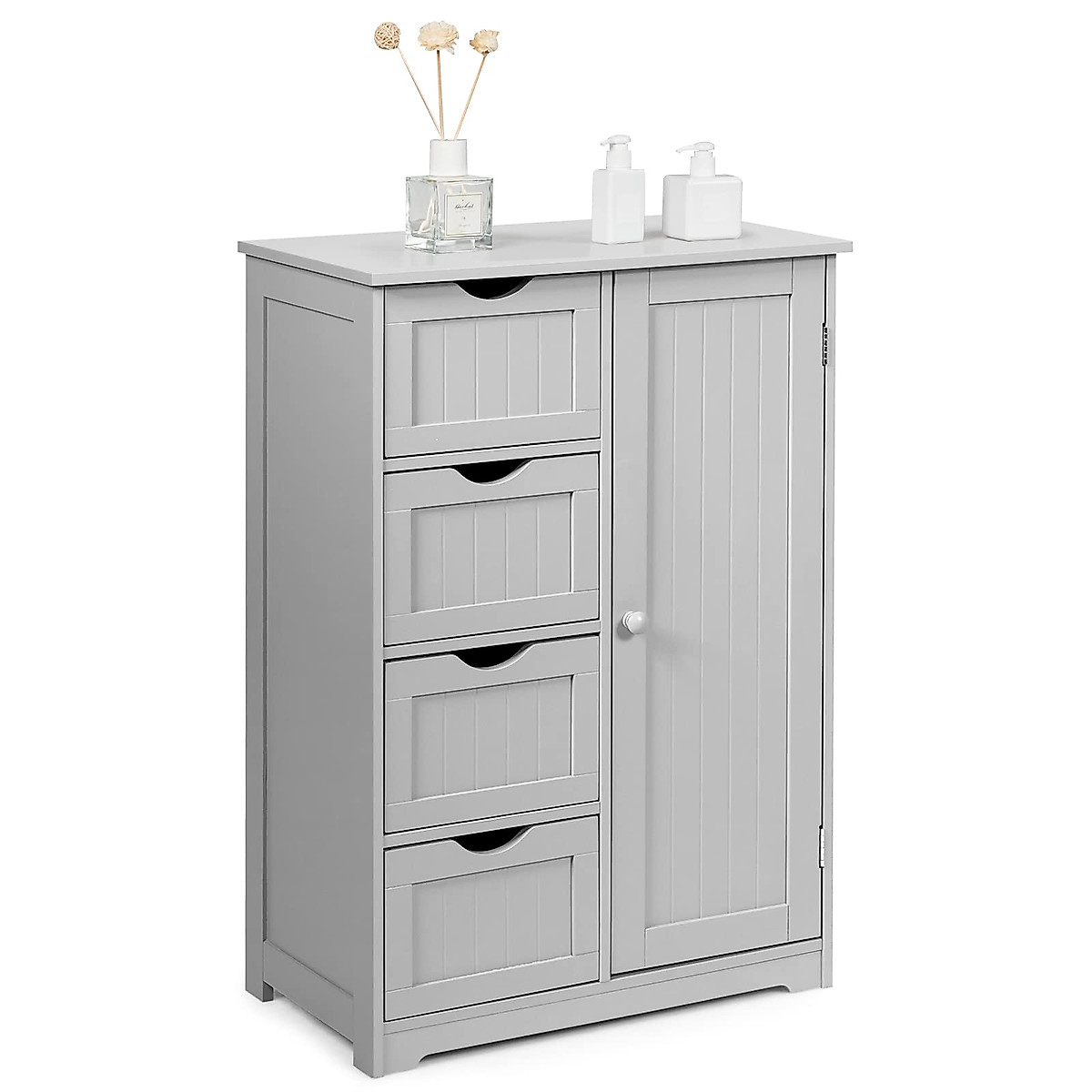 COSTWAY Bathroom Storage Cabinet, Wooden Freestanding Storage Cupboard Organizer with 4 Drawers & Adjustable Shelf, Modern Floor Cabinet for Living Room, Bathroom, Kitchen, Entryway (Grey)
