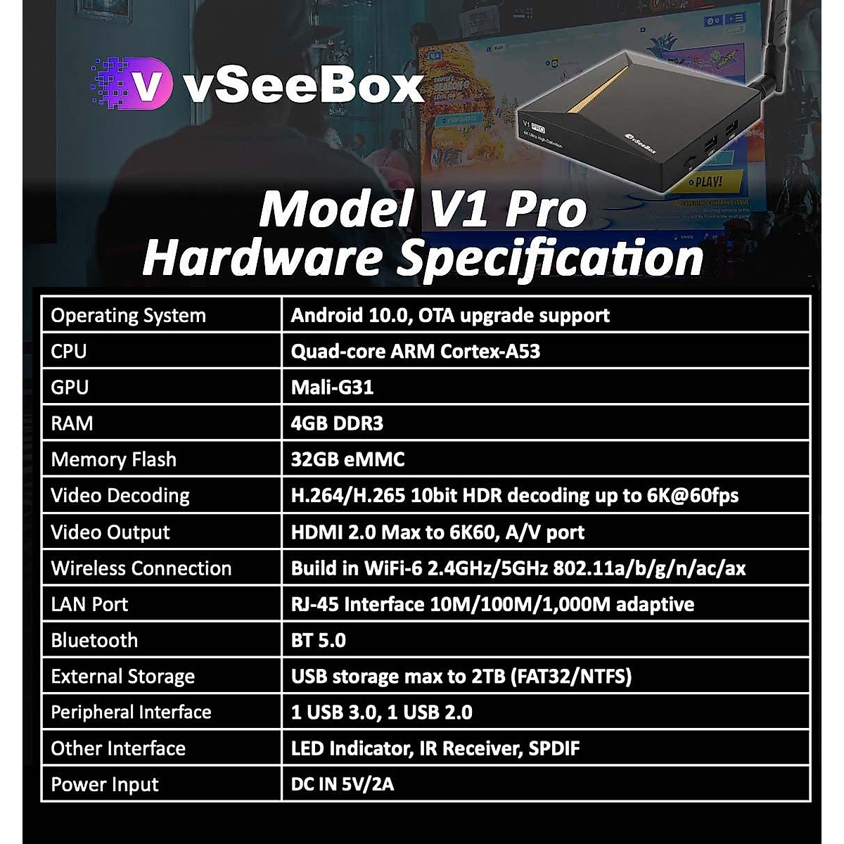 COMBO BREAKER vSeeBox V1 Pro with Backlit Mini Keyboard / 8K HDMI Cable (4GB RAM + 32GB ROM)