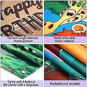 Jungle Animal Theme Backdrop for Birthday Party, Large Fabric Safari Animal Elements Printed Happy Birthday Backdrop Funny Cartoon Forest Background for Birthday Party Decorations, 6 x 3.6 ft