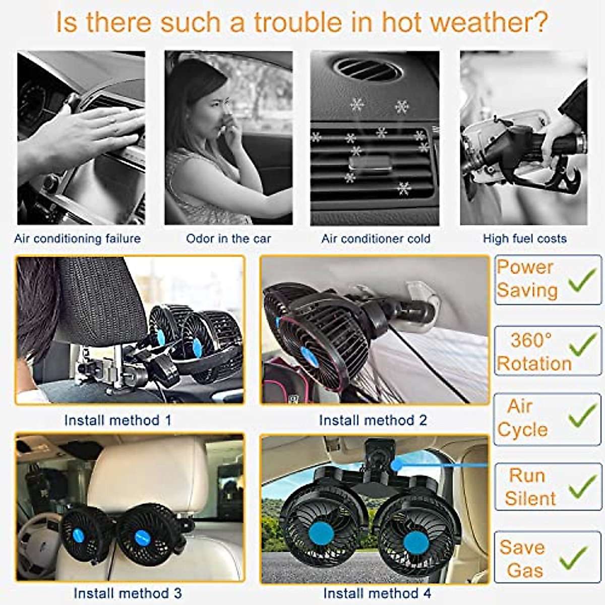 SEAMETAL Car Fan for Back Seat, Car Seat Fan Cigarette Lighter, Fan for Car 12V Headrest Black 4inches (Clip+Hook)