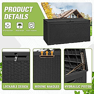 GUNJI 100 Gallons Outdoor Storage Box Waterproof Large Resin Deck Box Patio Storage Bench Lockable Storage Container for Outdoor Cushions, Pool Supplies and Garden Tools (Black)
