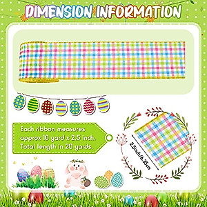 2 Roll 20 Yard Easter Spring Pastel Wired Ribbon, Gingham Ribbon Pink Blue Yellow Green Ribbon Spring Wired Ribbon for Wreaths Plaid Fabric Ribbons for Baby Shower Craft Decor (2.5 Inch)