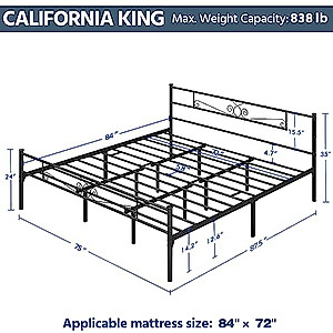 Yaheetech California King Bed Frames Metal Platform Bed with Headboard and Footboard for Bedrooms No Box Spring Needed Easy Assembly,Ground Clearance: 12.6"/Black/California King Bed