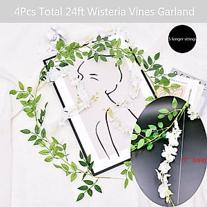 Lmeison Pink Wisteria Garland, 4Pcs Total 24ft Hanging Wisteria Flowers Silk Strings, Artificial Flowers Fake Plants Vine for Room Home Garden Outdoor Ceremony Wedding Arch Floral Decor