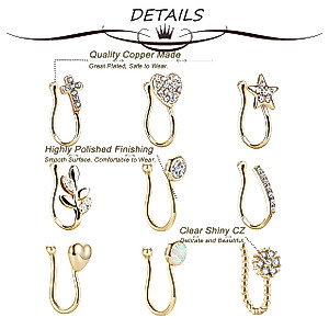 Masedy 9Pcs Fake Nose Rings Hoop Clip On Faux Setump Cartilage Tragus Ring Non Piercing Jewelry G