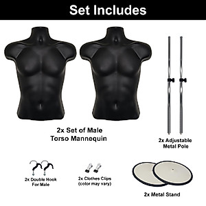 DisplayTown 2 Black Male Mannequin Hollow Back Body Torso Set w/ Clothes Clips, Metal Stands and Metal Poles & Hanging Hooks, S-M Sizes