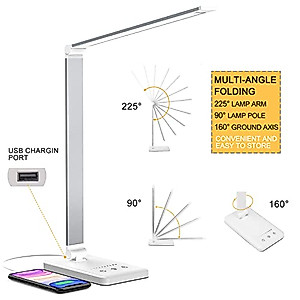 Led Desk Lamp, HMFUNTM Desk Lamp with USB Charging Port, 5 Color Modes, 10 Brightness, Natural Light, Eye Caring Reading Lamp, Desk Light for Home Office, Table Lamp, Touch Control, Auto-Timer, Silver