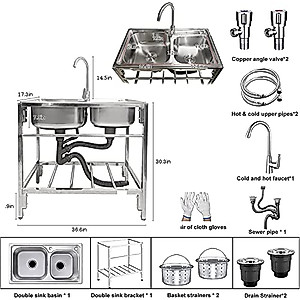 MARQI Free Standing Stainless-Steel Utility Sink Commercial Restaurant Kitchen Sink 2 Bowl Prep & Utility Washing Hand Basin w/Cold Hot Water Pipe Faucet Shelves Indoor Outdoor 31.5" x 17" x 29.5"