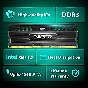 Patriot Viper 3 DDR3 RAM 16GB (2X8GB) 1866MHz CL10 1.5v UDIMM Desktop Gaming Memory Kit Compatible with XMP - PV316G186C0K