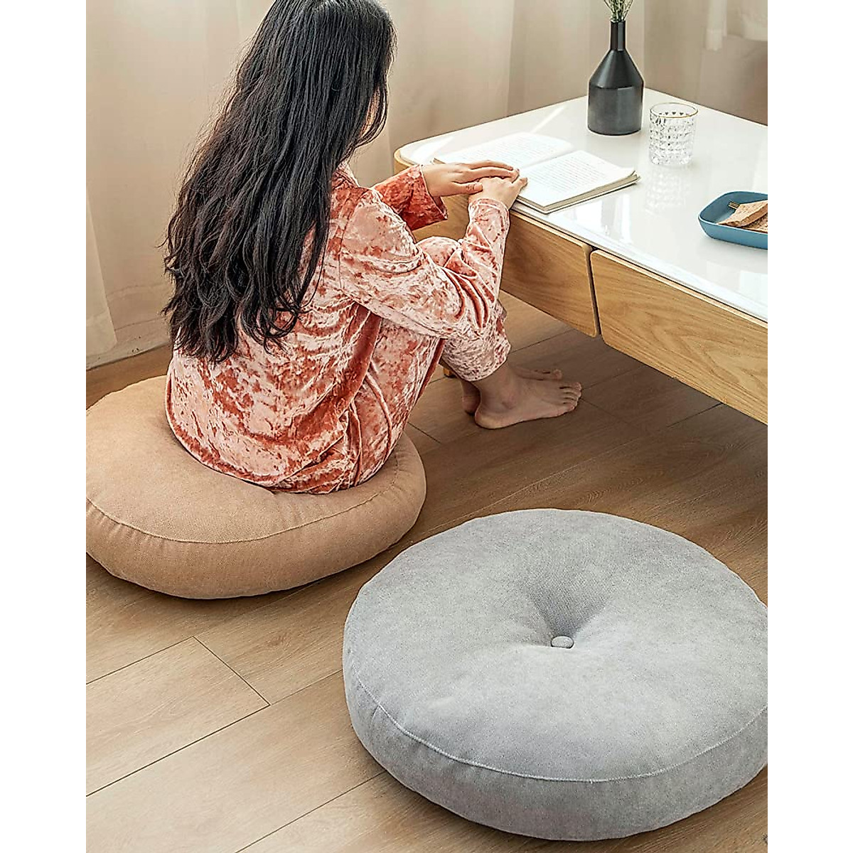 vctops Round Solid Floor Pillow Soft Thick Seat Cushion Cozy Seat Pad Pads for Bedroom Living Room Office Chair Sofa (Light Grey, Diameter 17")