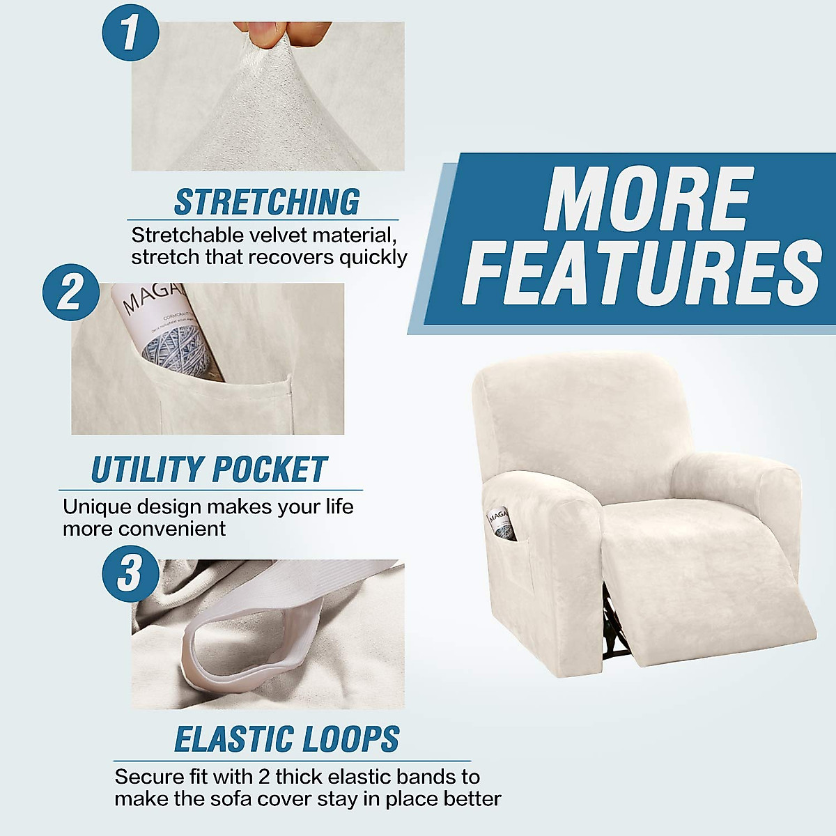 H.VERSAILTEX Velvet Stretch Recliner Couch Covers 4-Pieces Style Recliner Chair Covers Recliner Cover for Reclining Chair Slipcovers Feature Non Slip Form Fitted Thick Soft Washable, Ivory