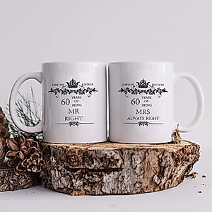 WOHR 60th Anniversary Mugs for Couple 60th Wedding Gifts for Parents Anniversary Couple Mugs Set 60th Couples Mugs Gag Gift Ideas for Wife Husband Ceramic Coffee Cups Mr Mrs 11oz 2-pack