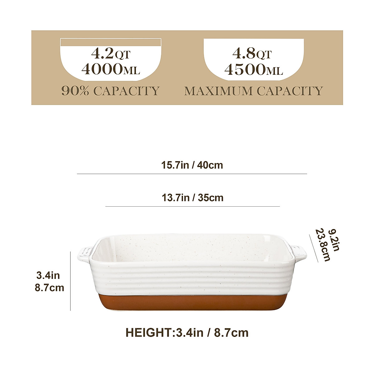 MALACASA 4.8 Quarts Ceramic Baking Dish with Handles, 9 x 13 Inches Casserole Dish, Deep Rectangular Lasagna Pan, Khaki & White Oven Safe Bakeware for Baking, Roasting, Series Tara