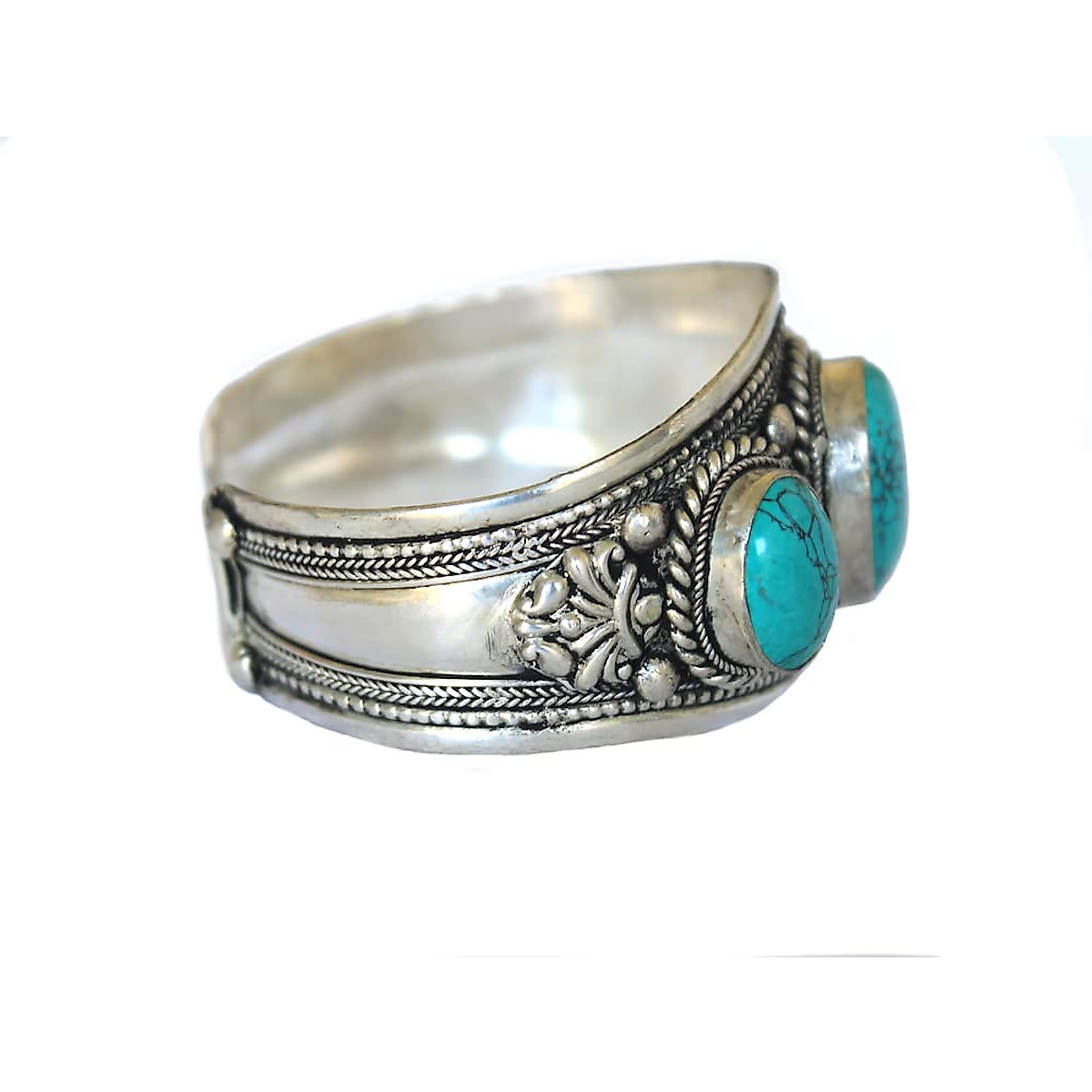 3 Stone Blue Stabilized-Turquoise Adjustable Cuff Bracelet | Ornate Boho Jewelry for Men & Women