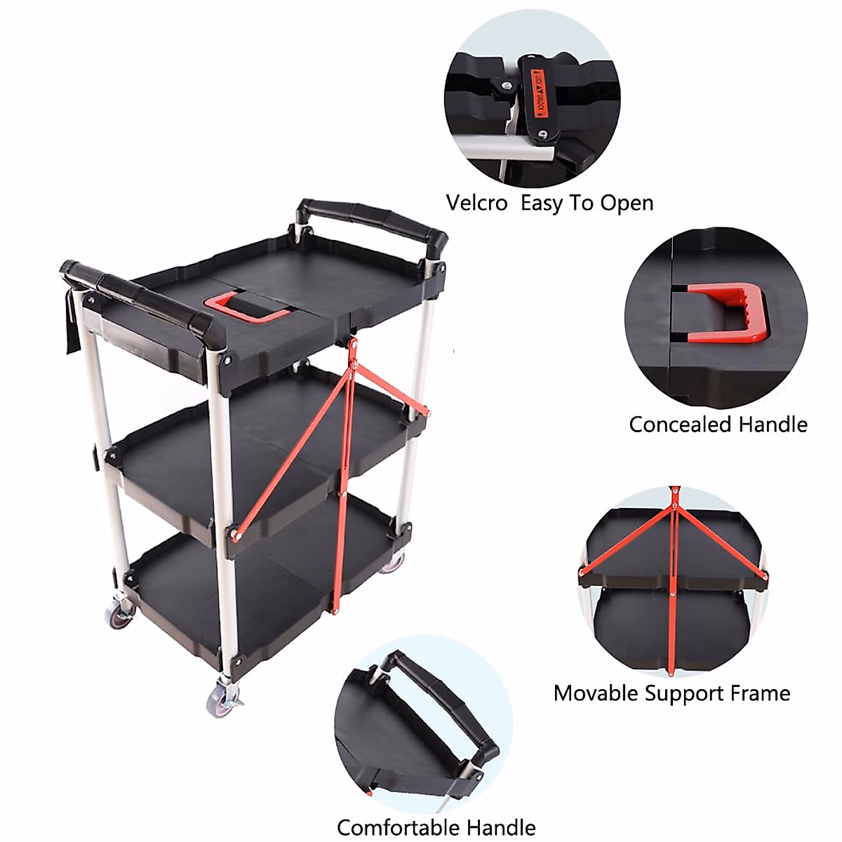 3 Tier Folding Rolling Utility Cart with Wheels, Multi-Functional Plastic Restaurant Cart, Portable Collapsible Utility Service Cart for Home, Warehouse