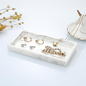 Emibele Vanity Tray, 8" Rectangular Resin Bathroom Kitchen Sink Counter Organizer Tray Dresser Tray Jewelry Ring Dish Holder Cosmetic Tray for Perfume Candle Small Plant Home Decor, Mini, Marble White