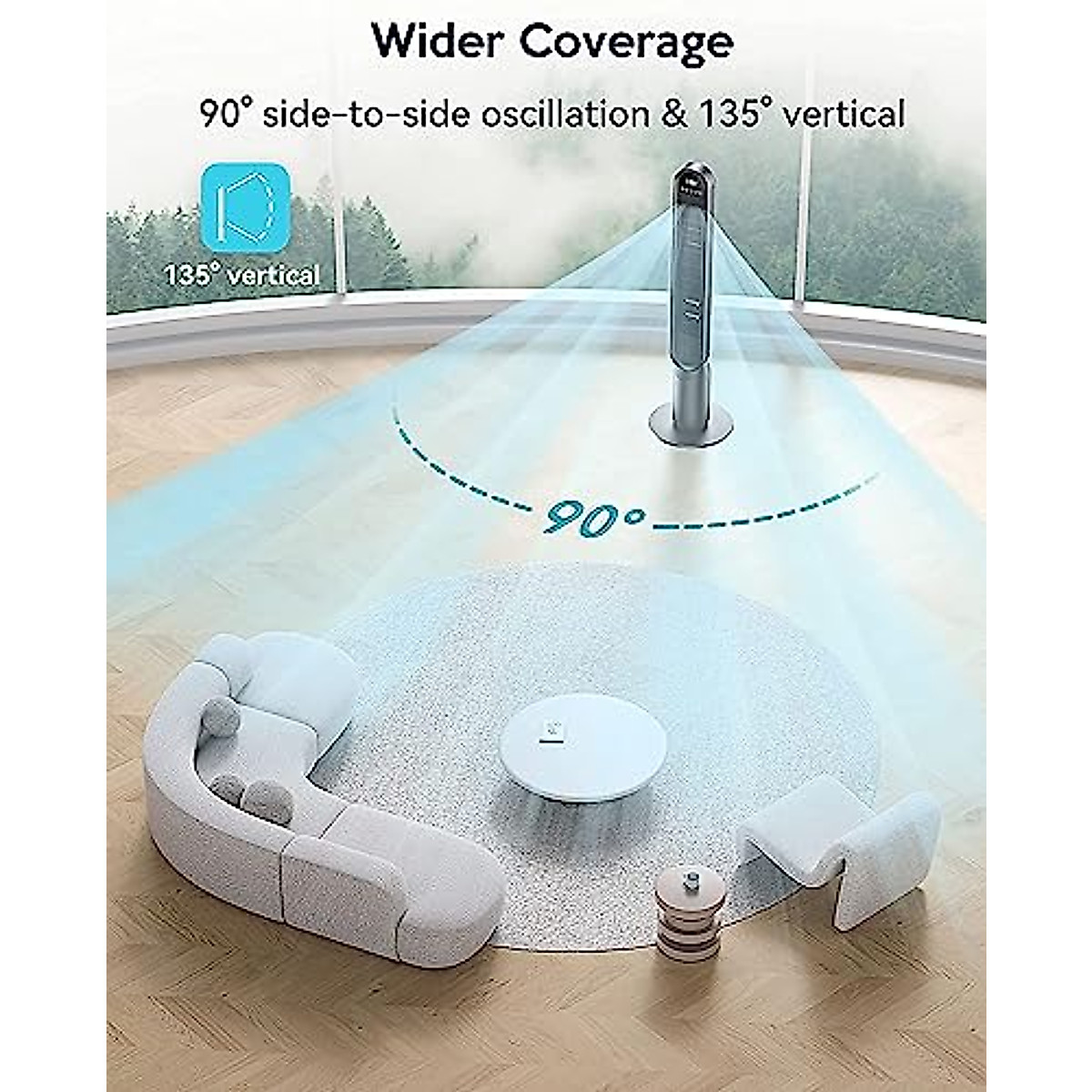 VAGKRI Tower Fan 42" Oscillating Tower Fan with 3 Modes, 4 Wind Speeds, 12H Timers, 90°Oscillation & 135° Vertical, Standing Fans for Home Bedroom Living Room Office, Powerful Floor Fan with Remote