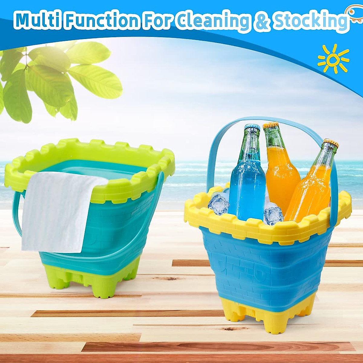 7 PCS Castle Foldable Beach Sand Buckets Toy Set with Shovels Scoop Sifter for Kids, 3L Silicone Collapsible Bucket Pails for Toddler, Summer Toy, Sandbox Kit Camping Gear Beach Essential Gift