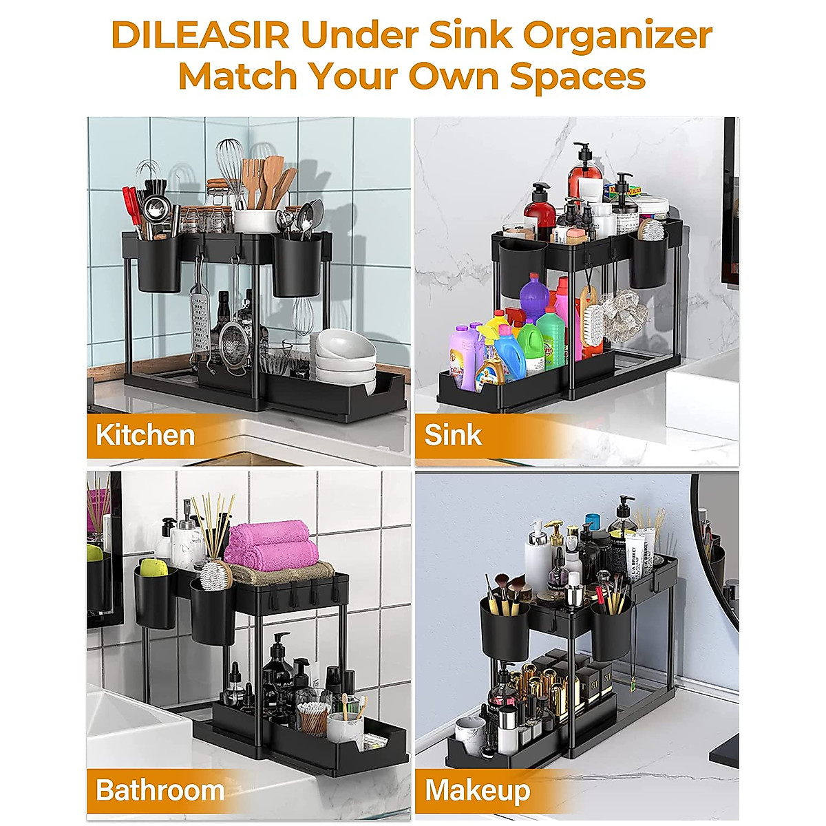 Stackable Under Sink Organizers and Storage - DILEASIR Upgraded 12in Heightened Sticks 2 Tier Under Sink Organizer with 4 Hanging Cups, 8 Dust Plugs, 8 Hooks, Multi-function Storage, Black, 2 Pack