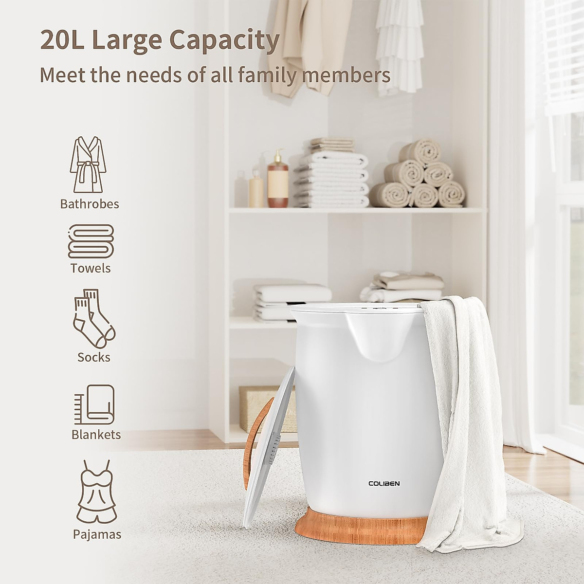 COLIBEN Towel Warmer, Towel Warmer for Bathroom with Aromatherapy, 1 Hour Auto Shut Off, Even Heating, Towel Warmer Bucket Heater Fit Up to Two 40"X70" Oversized Bath Towels, Bathrobes, PJ's, Blanket