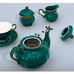 CHENP.HMC Tea Set 22-Piece Porcelain Ceramic Coffee Tea Gift Sets Cups Saucer Service for 6 Teapot Sugar Bowl Creamer Pitcher and Teaspoons Porcelain Tea Set for Mother's Day(WITHOUT Mug Hooks)