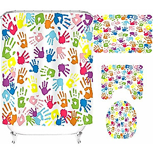 NTETSN 4 PCS Watercolor Shower Curtain, Handprint in Rainbow Color Bathroom Curtain Sets for Kids,Non-Slip Rugs, Toilet Lid Cover, Bath Mat, 12 Hooks for Curtain 72x72 Inch SETYYNT4