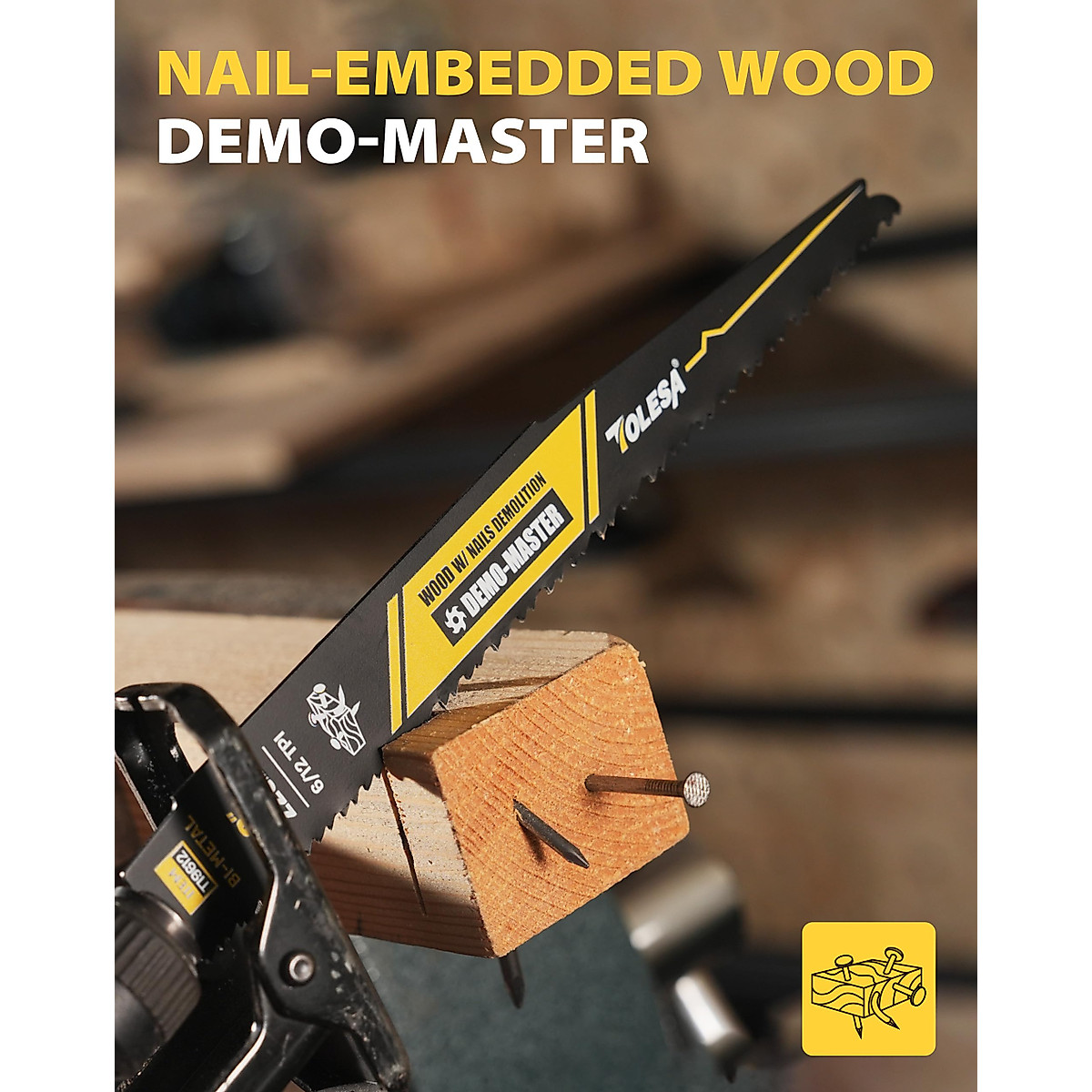 TOLESA 9 Inch 6/12 TPI Reciprocating Saw Blades for Wood and Nail-Embedded Wood Demolition, 5 Pack Bi-Metal Reciprocating Saw Blade for Fast & Smooth Cutting