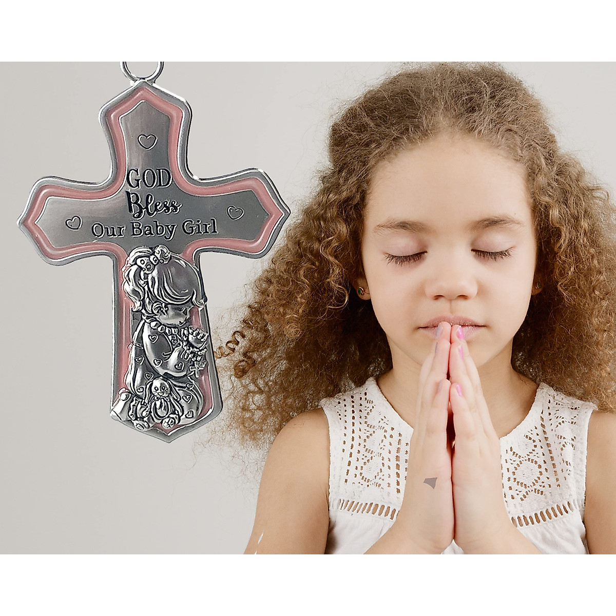 Christening Gifts for Girls, Catholic Baptismal Gifts for Girls, Ornate Crib Cross Baby Girl, Baby Shower Crib Medal Praying Girl, God Bless Our Baby Girl Nursery Wall Cross Décor