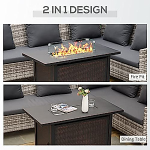 Outsunny 43 Inch Outdoor Propane Gas Fire Pit Table, 50,000 BTU Auto-Ignition Rectangular Wicker-Effect Gas Firepit with Glass Wind Guard, Lid, Glass Beads, Steel Base, CSA Certification, Bronze
