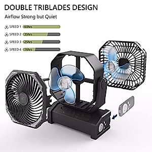 SALLOUS Camping Fan with LED Light, 20000mAh Rechargeable Battery Operated Table Fan, Auto-Oscillating Tent Fan with Remote & Hook, 4 Speed Portable Camping Fan for Travel Picnic Fishing, Black