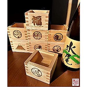 EDOYA Hinoki Wood Sake Cups (Set of 2) Japanese Box Masu with Japanese Lucky Brand (Good Luck)