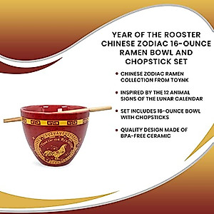 Year Of The Rooster Chinese Zodiac Ceramic Dinnerware Set | Includes 16-Ounce Ramen Noodle Bowl and Wooden Chopsticks | Asian Food Dish Set For Home & Kitchen | Kawaii Lunar New Year Gifts