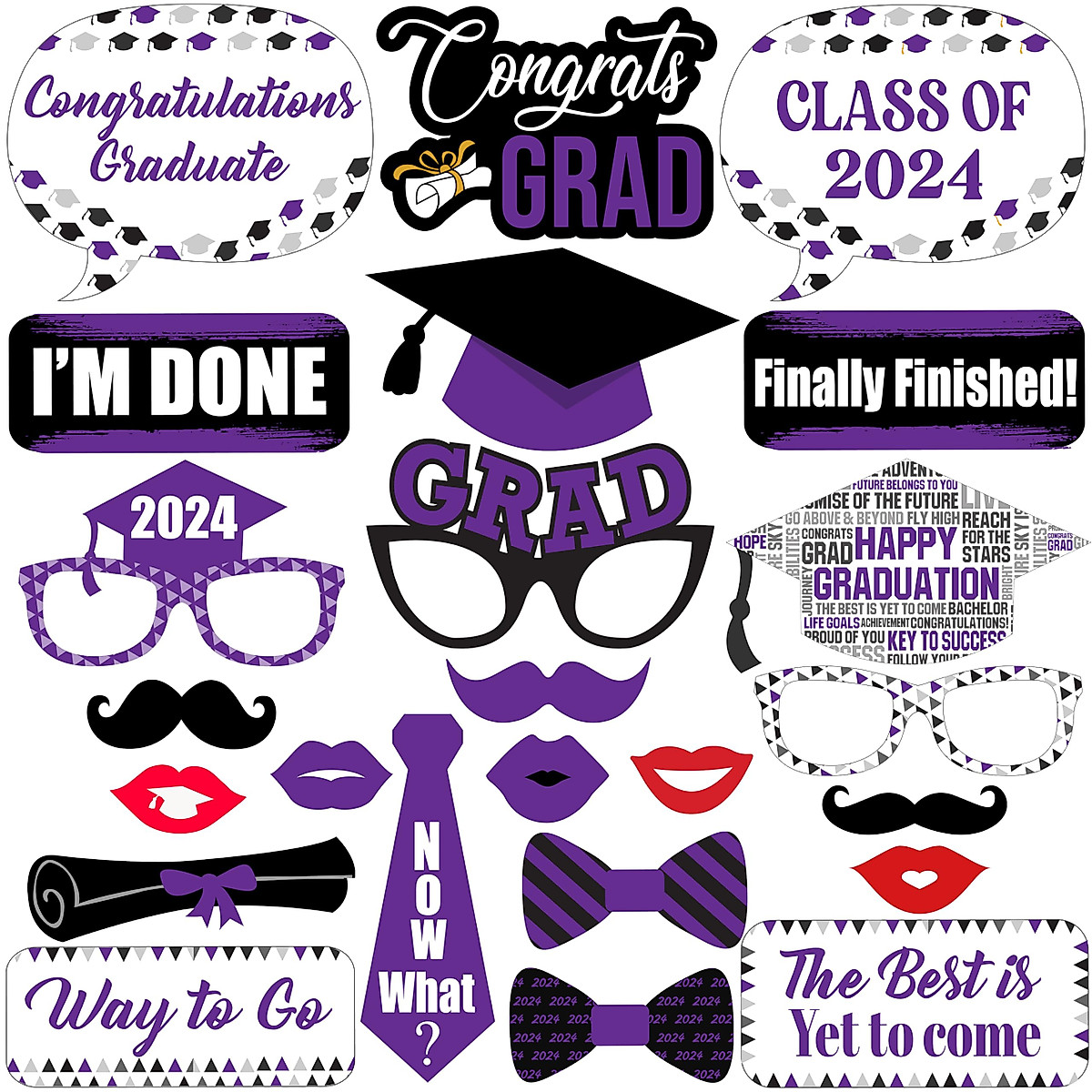 KatchOn, Purple Graduation Photo Booth Props 2024 - Pack of 24 | Purple Graduation Photo Props, Purple Graduation Decorations Class of 2024 | Graduation Picture Props, Graduation Party Decorations