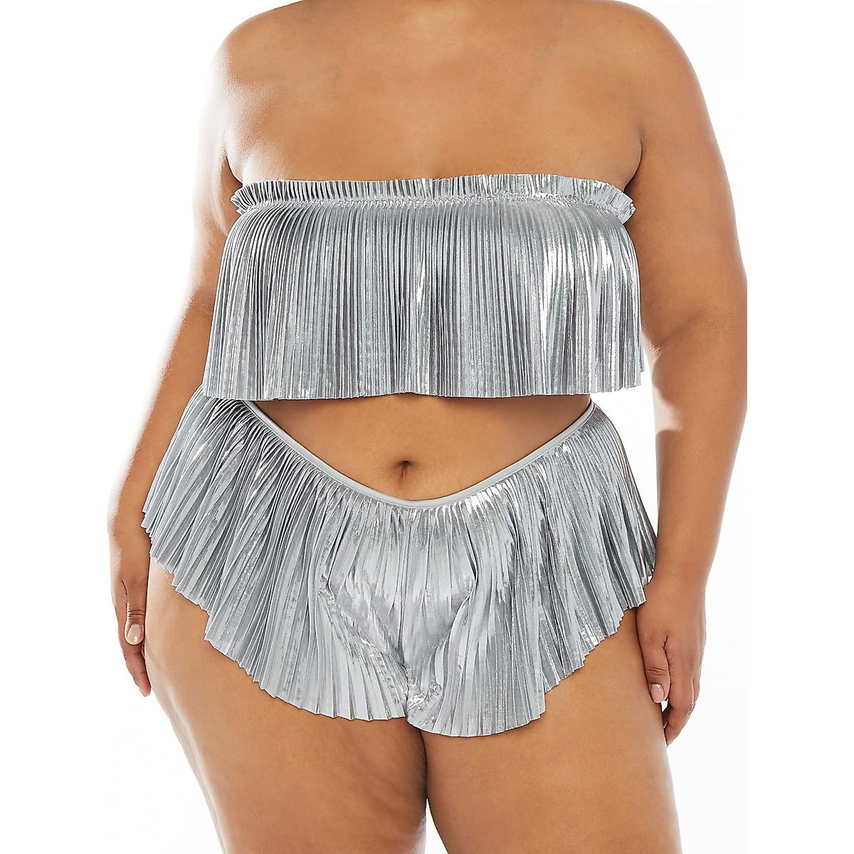 Savage X Fenty, Women's, Pleated Lamé Short with Keyhole, Spaced Out Metallic Silver, 1X