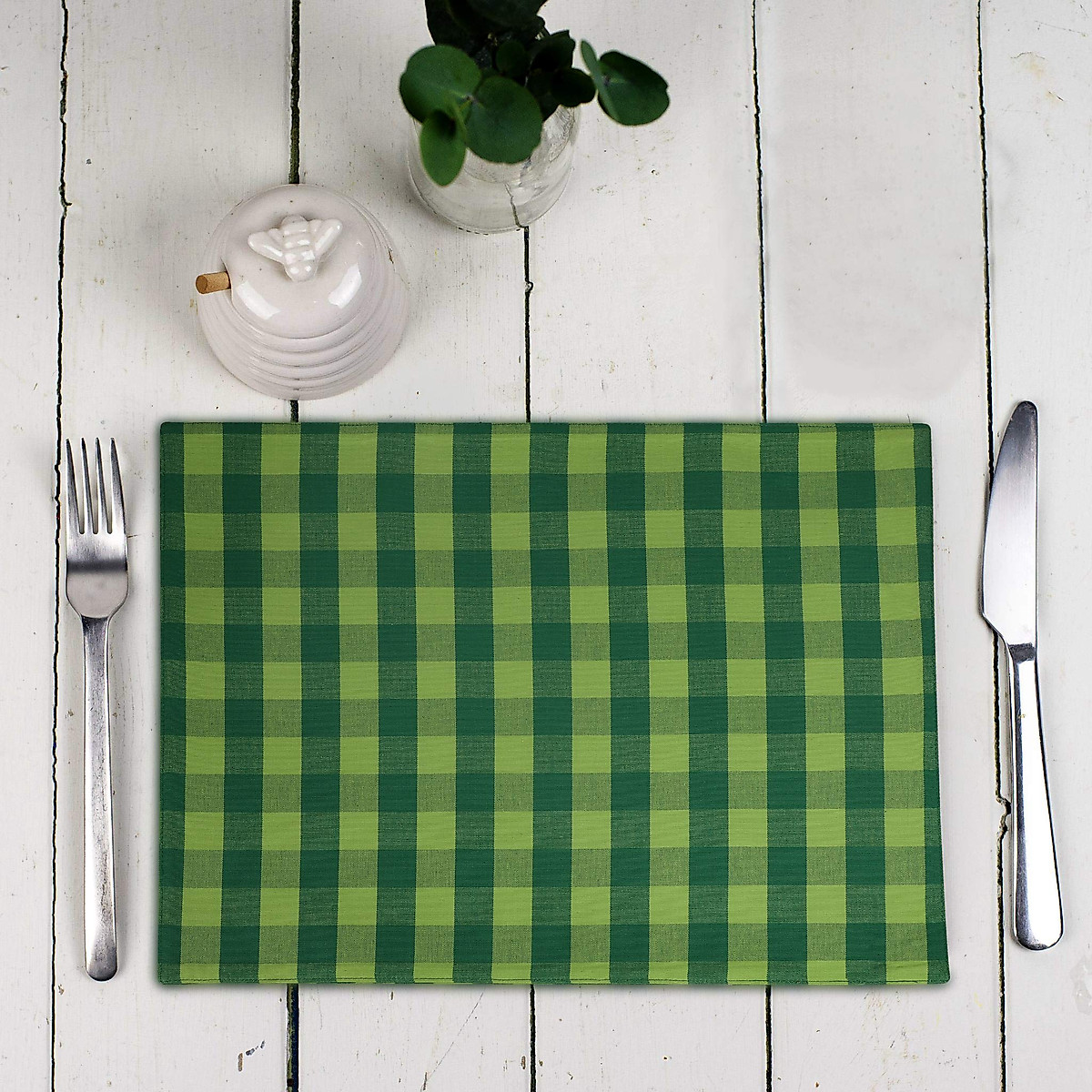 Urban Villa Green Checks Special 100% Cotton Fused Place Mats 14''x 20'' Over Sized Set of 6 Green Check Plaid Every Day Use Heavier Quality