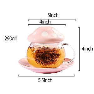 Mozacona Glass Mushroom Shape Teacup Saucer Set Coffee Mug with Filter Cup