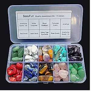 SeeuFun 7~12mm Quartz Crystal Stones Tumbled Chips Stone Home Indoor Decorative Gravel Tiger's Eye,Turquoise Rose Quartz Amethyst(0.55lb)