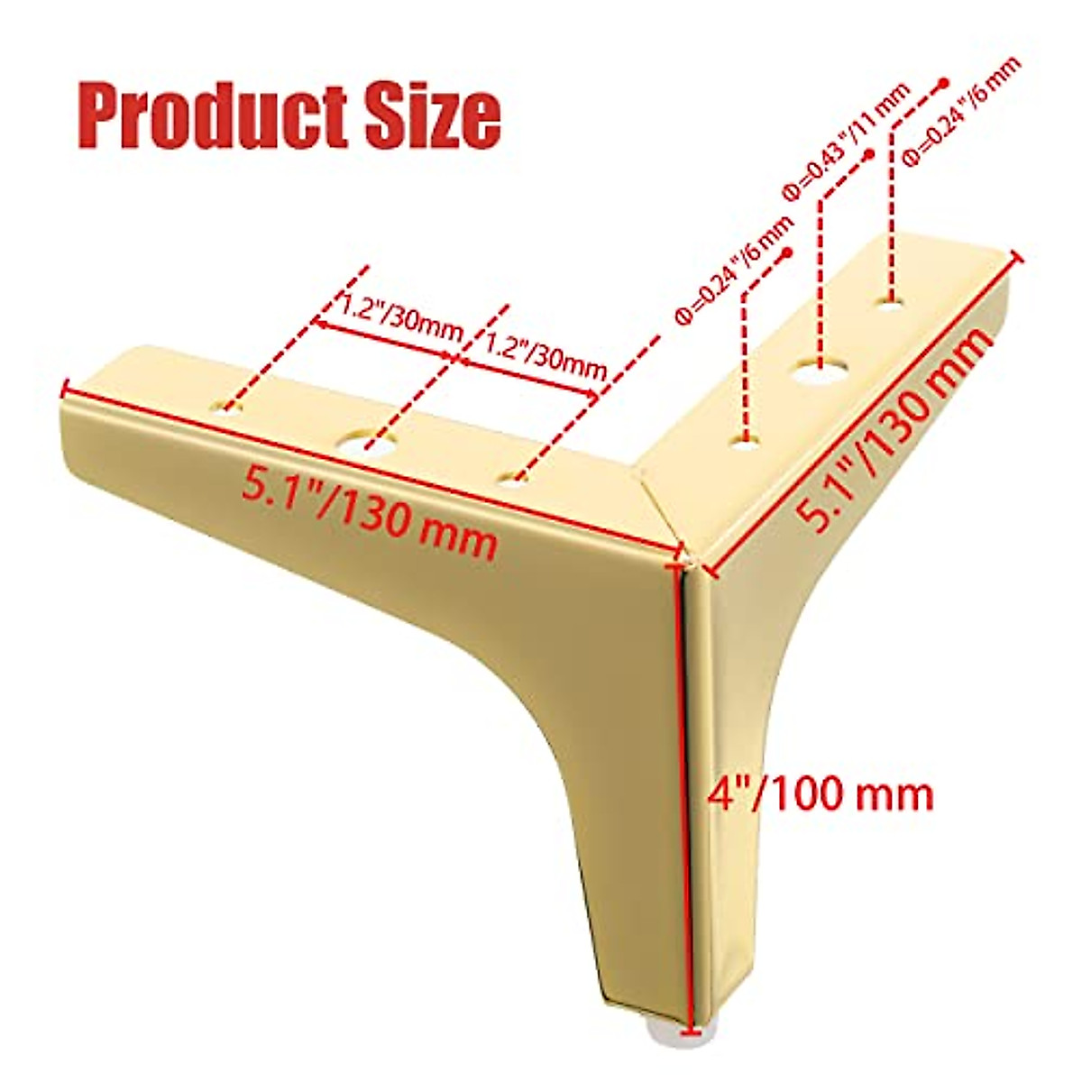 MILDWOO Metal Furniture Legs 4 Inch, 8 PCS Triangle Furniture Feet Modern Style Furniture Sofa Legs, Heavy Duty Replacement Gold Legs for Cabinet, Cupboard, Table, Sofa, Couch Chair