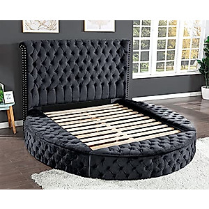 Upholstered Platform Bed with Bluetooth Speaker and Storage Box, Queen Size Platform Bed Frame with Tufted Headboard and Nail Head and Wood Slat Support Mattress Foundation, 500Lbs Capacity, Black