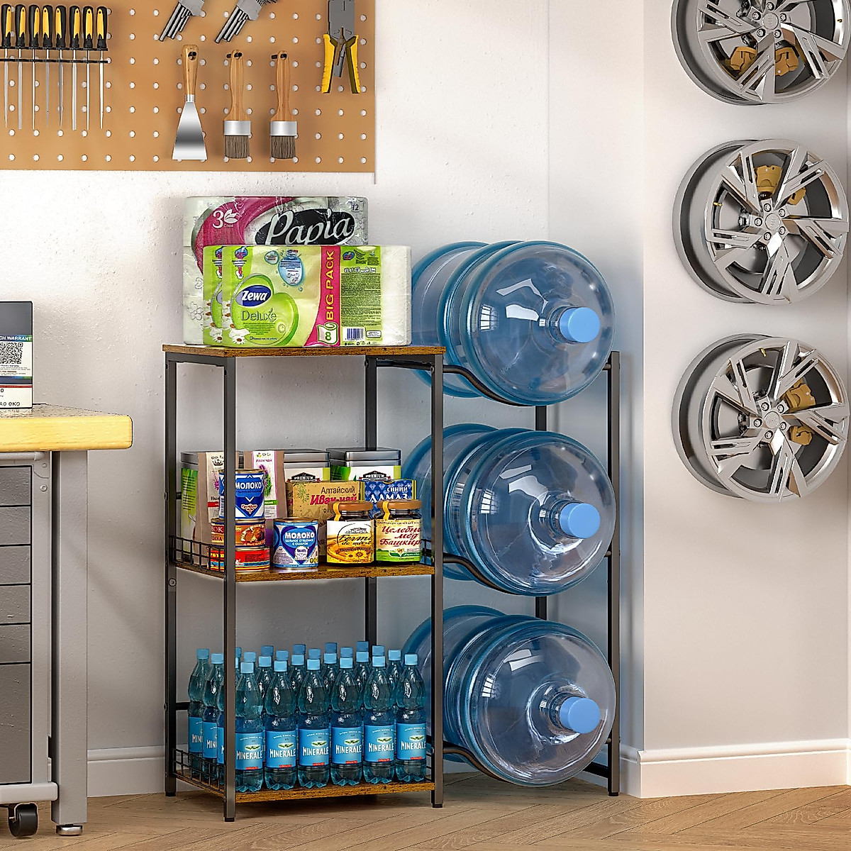 5 Gallon Water Jug Holder, Heavy Duty Water Jug Stand with 3 layers Wood Storage Shelves, 5 Gal Water Bottle Holder Storage Rack with 3-solt Water Cooler Jug Rack for basement/Garage/Office Organizer