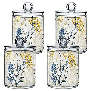 WELLDAY Apothecary Jars Bathroom Storage Organizer with Lid - 14 oz Qtip Holder Storage Canister, Beige Yellow Flowers Clear Plastic Jar for Cotton Swab, Cotton Ball, Floss Picks, Makeup Sponges,Hair