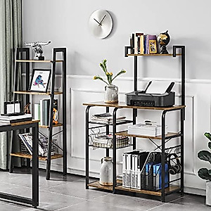 Yaheetech Kitchen Bakers Rack with Wire Basket, Microwave Stand Cart Coffee Bar with 10 S-Hooks, Kitchen Utility Storage Shelf with Wine Storage for Spices, Pots, Pans, Rustic Brown