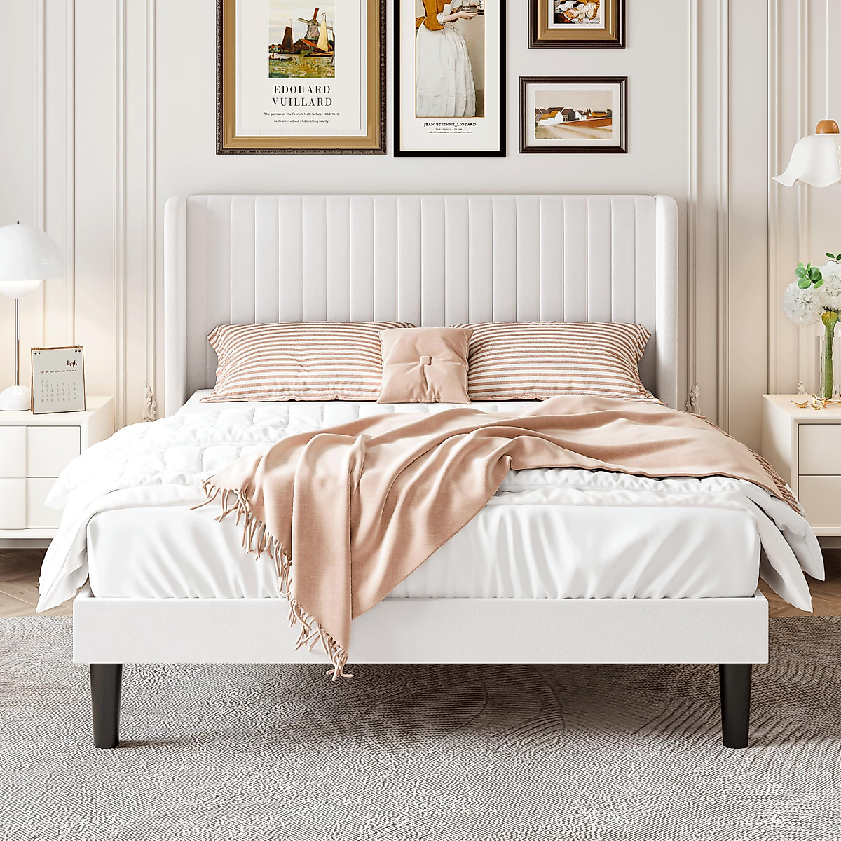 SHA CERLIN Queen Size Velvet Bed Frame with Vertical Channel Tufted Wingback Headboard, Upholstered Platform Bed with Wood Slats, No Box Spring Needed, Easy Assembly, White